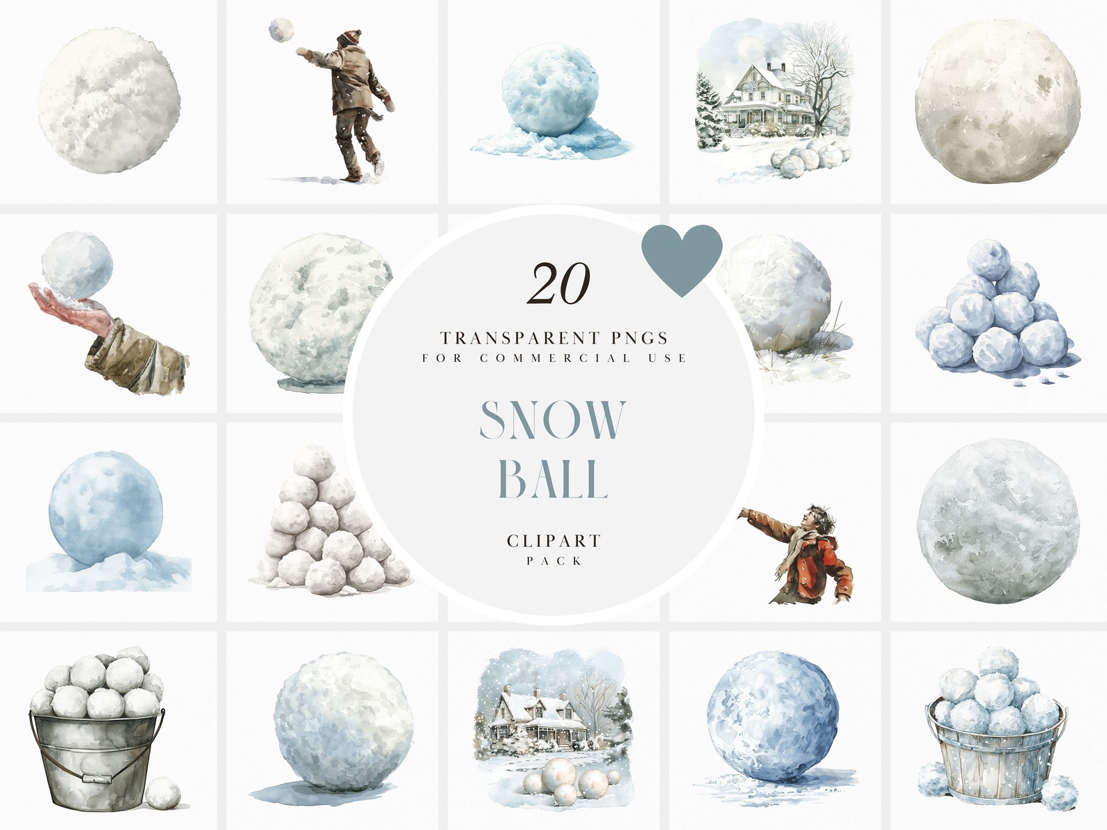 Watercolor Snow Ball Clipart, Rolled Snow Balls, Winter Elements ...
