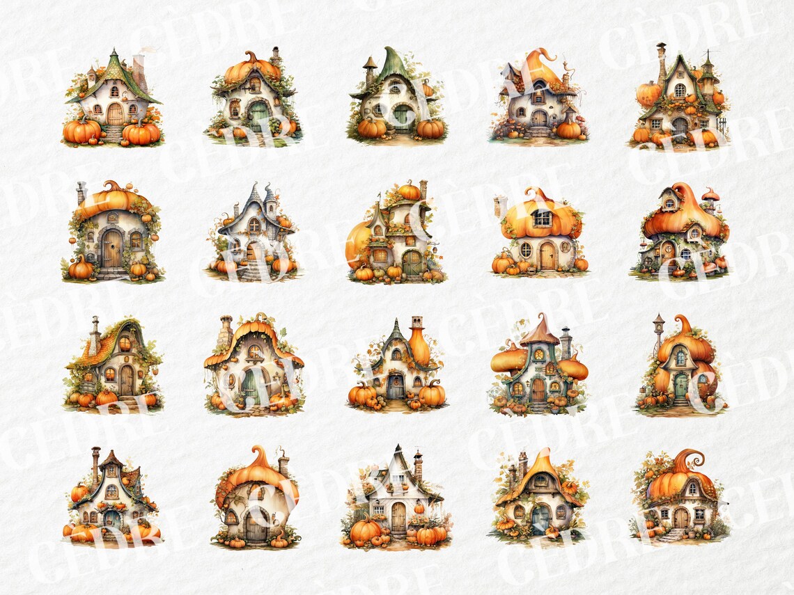 Watercolor Pumpkin Cottage Clipart, Pumkin Cabin Clipart, Whimsical ...