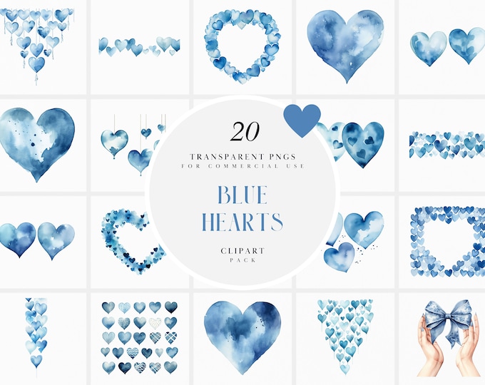 14 Watercolor Blue Heart Clipart, Blue Love Heart Illustrations for ...