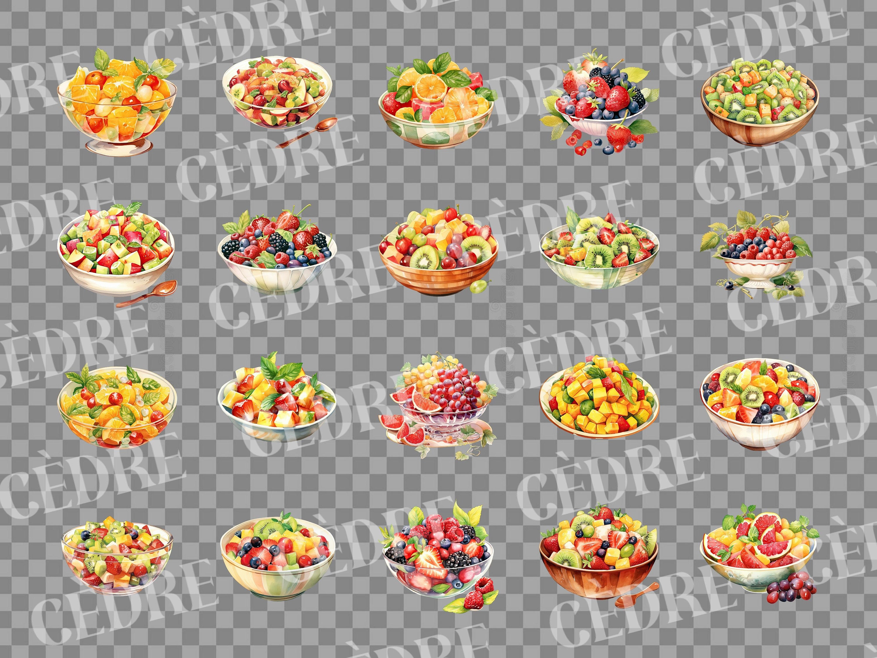 Watercolor Fruit Salad Clipart, Fresh Fruit Bowl Clipart, Mixed Summer ...