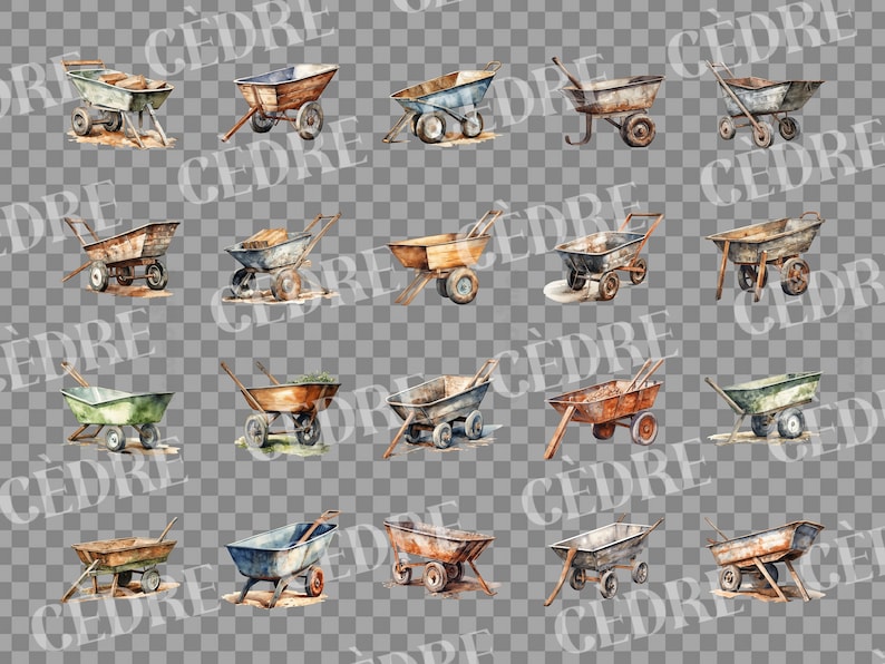 Watercolor Rustic Wheel Barrow Clipart, Old Wheel Barrows Clipart ...