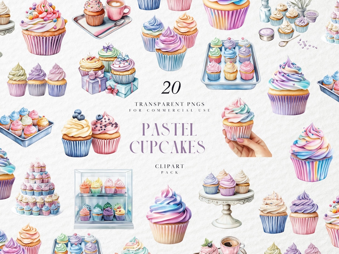 Watercolor Pastel Cupcakes Clipart, Pastel Cupcake Clipart, Pastel ...