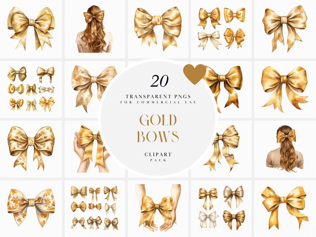 Watercolor Gold Bow Clipart, Golden Hair Bows Clipart, Gold Ribbon ...