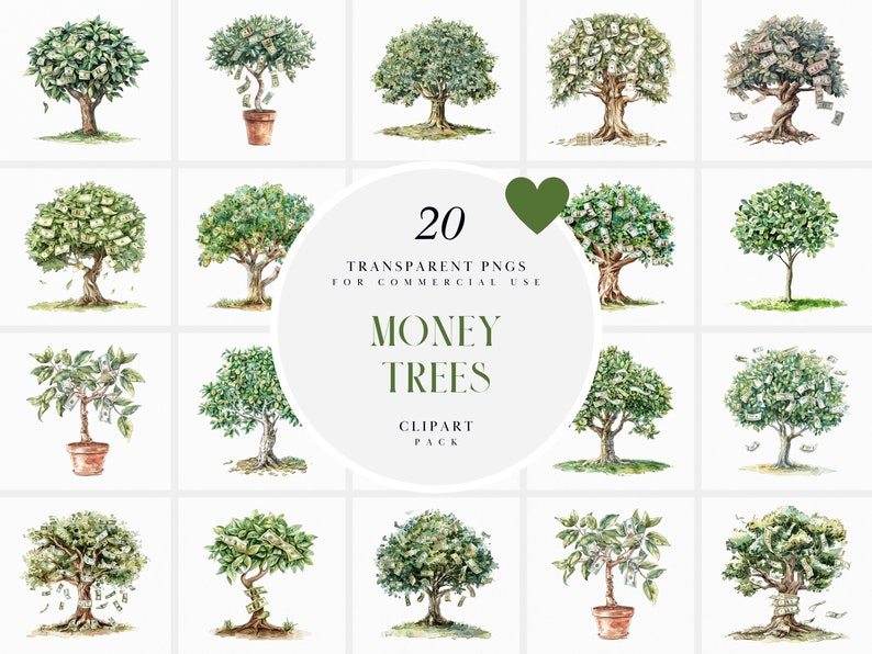 Watercolor Money Tree Clipart, Green Money Trees Clipart, Coin Cash ...