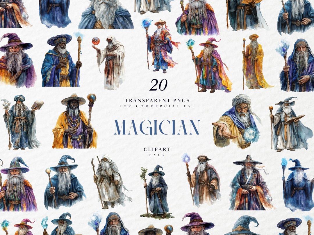 Watercolor Magician Clipart, Enchanted Wizard Character, Starry Night ...