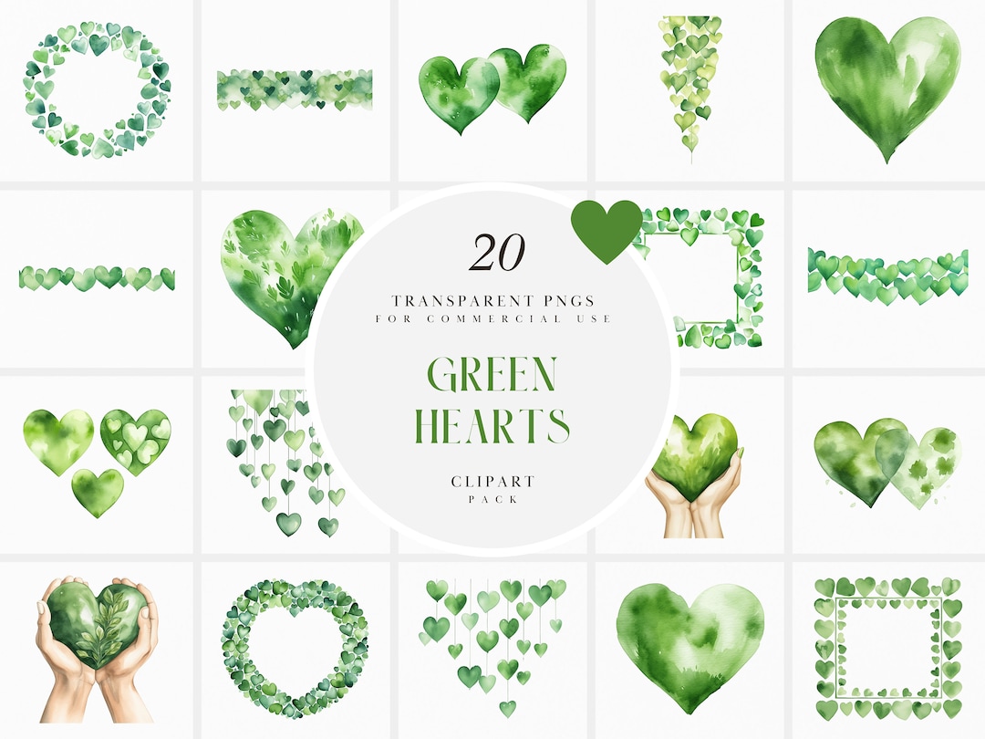 Watercolor Green Hearts Clipart, Green Heart Clipart, Heart Shape ...