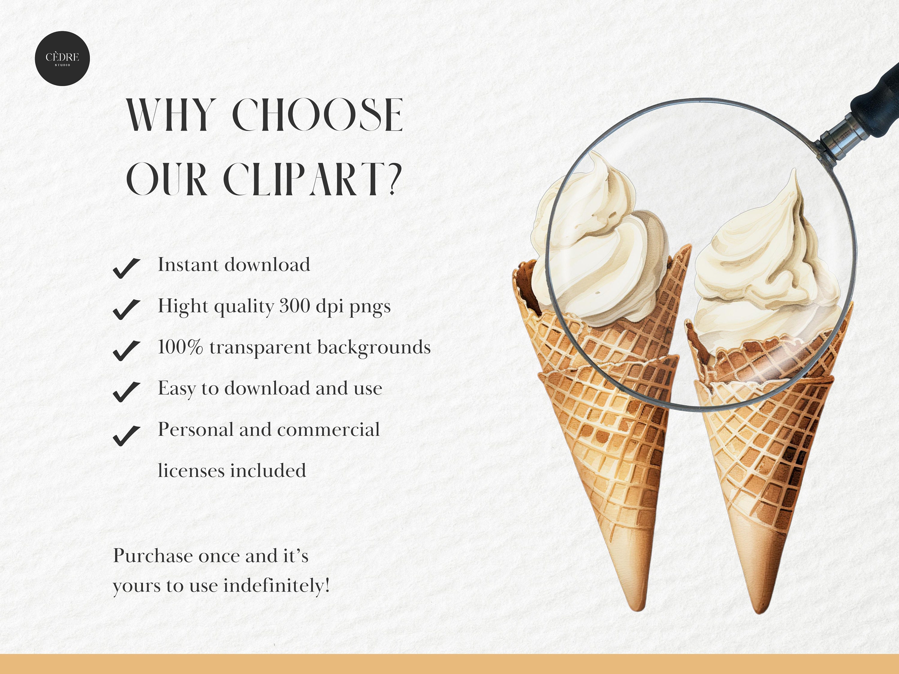 Watercolor Vanilla Ice Cream Clipart, Ice Cream Cone Clipart, Vanilla ...