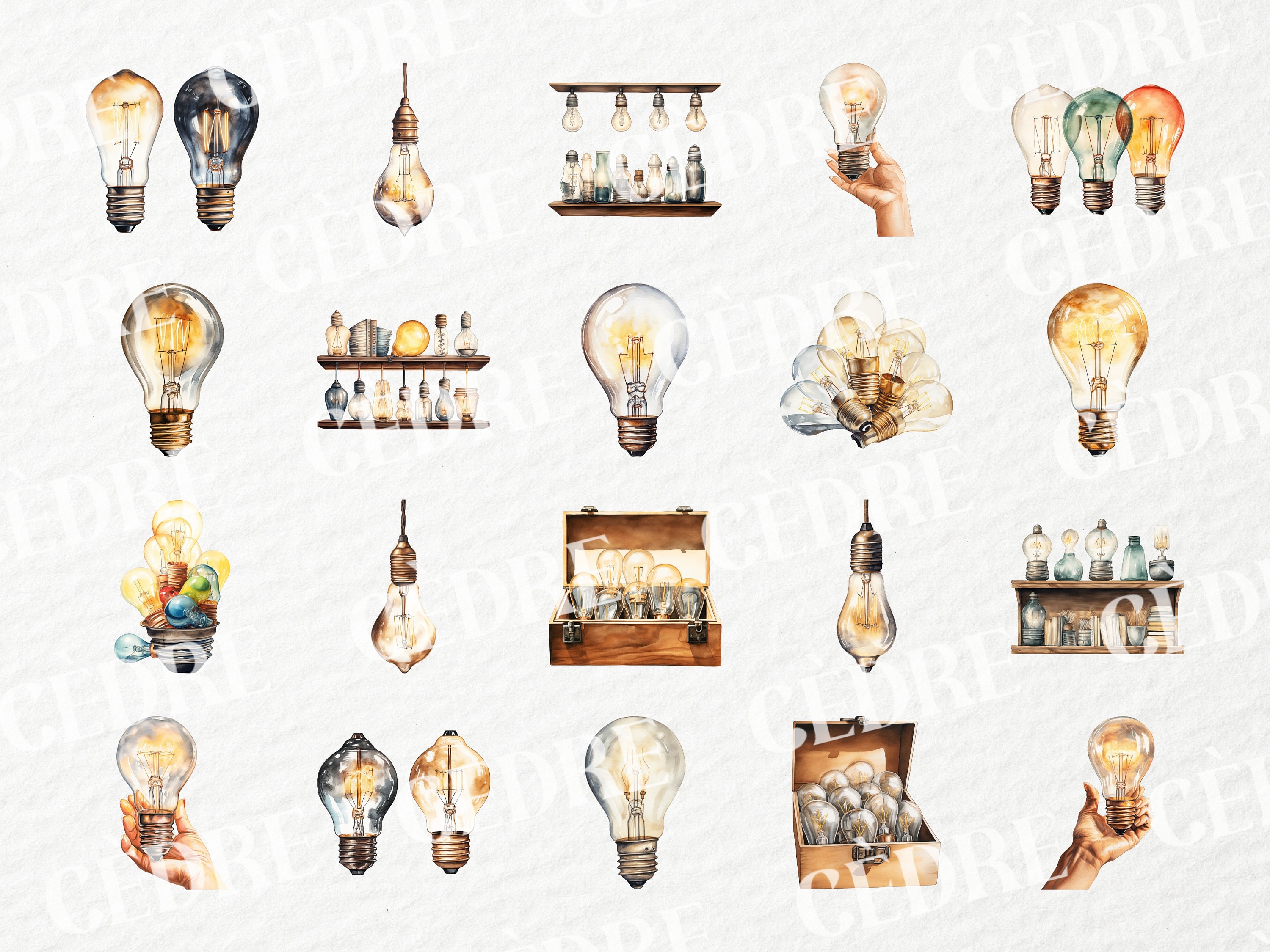 Watercolor Retro Light Bulb Clipart, Retro Light Bulbs Clipart, Vintage ...
