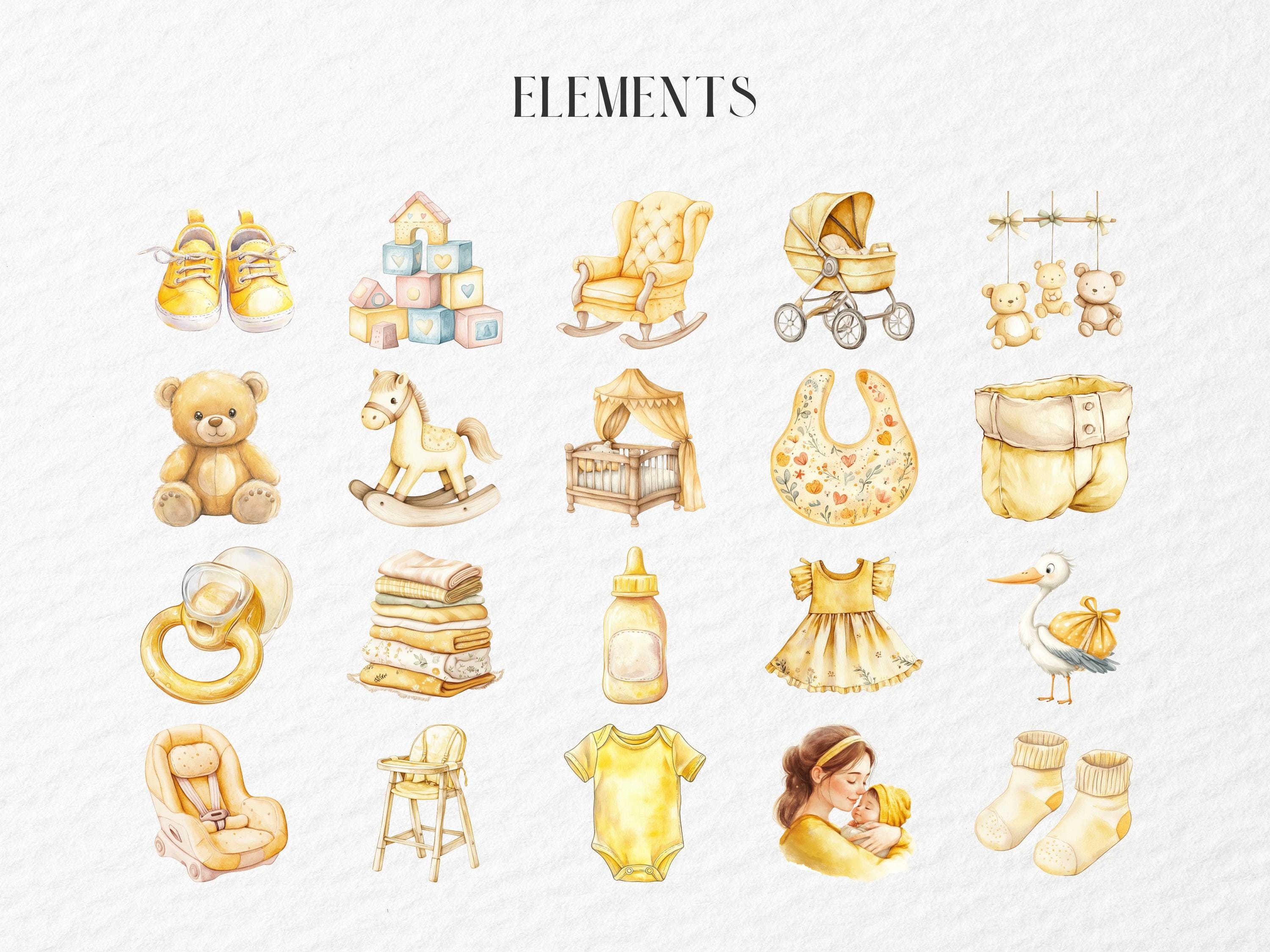 Watercolor Pastel Yellow Nursery Clipart, Boho Baby Shower Decor ...