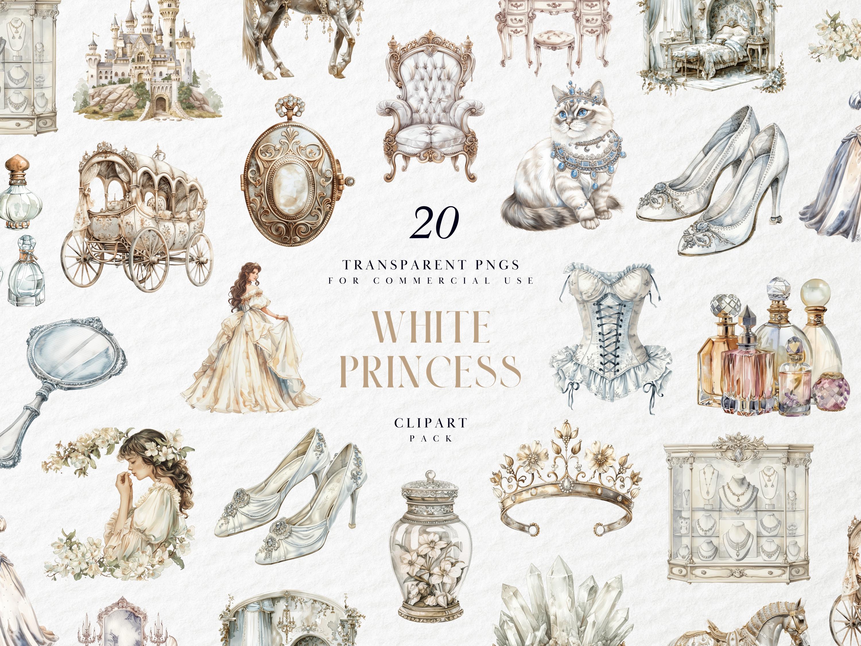 Watercolor White Themed Princess Clipart, Regal Royalty, for Kids ...