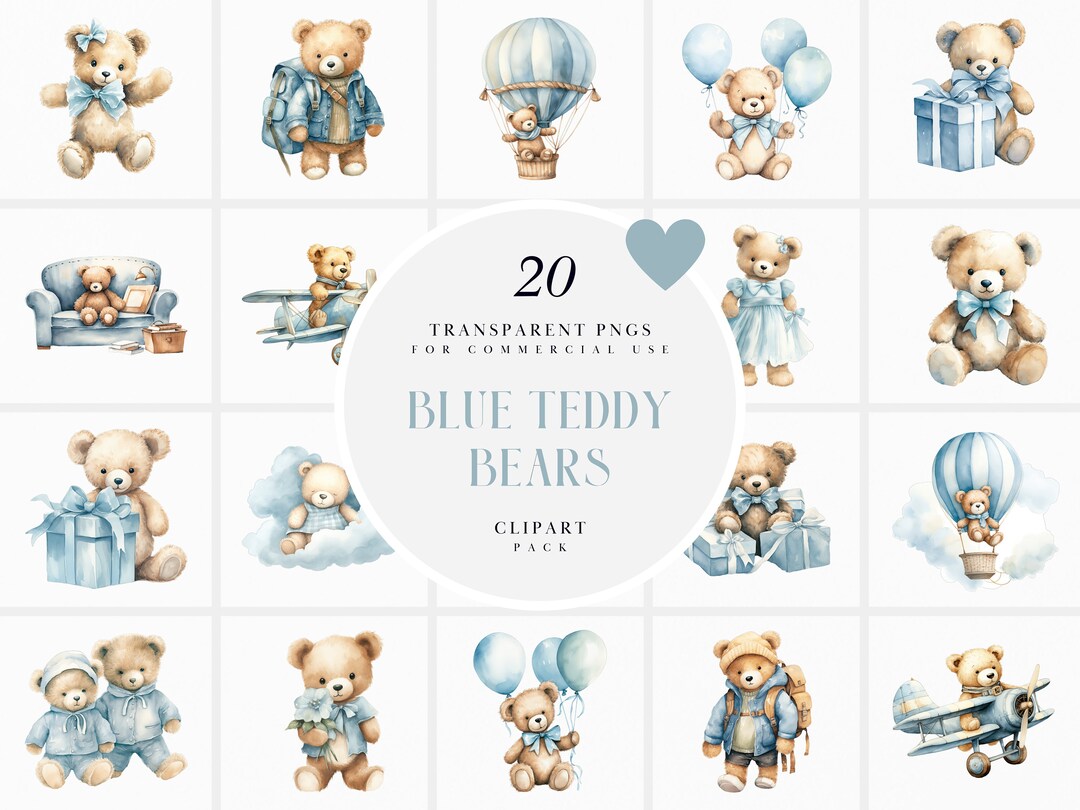 Watercolor Blue Teddy Bears Clipart, Blue Nursery Teddy Bear Clipart ...