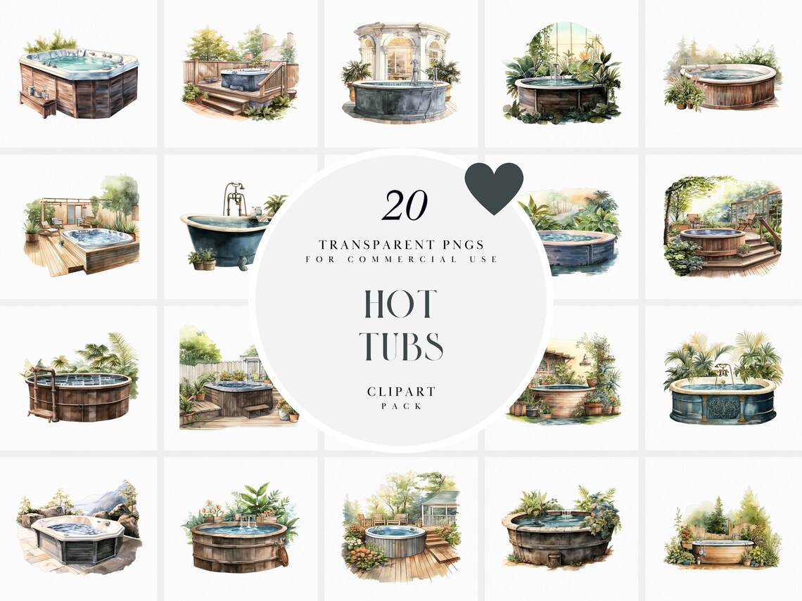 Watercolor Hot Tub Clipart, Backyard Hot Tubs Clipart, Outdoor Bath ...