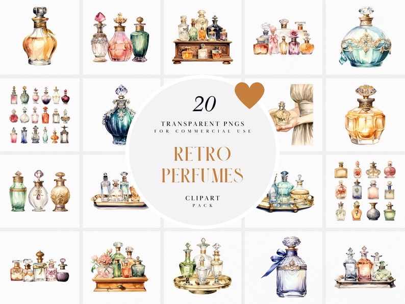 Watercolor Retro Perfume Bottles Clipart, Retro Perfume Bottle Clipart ...