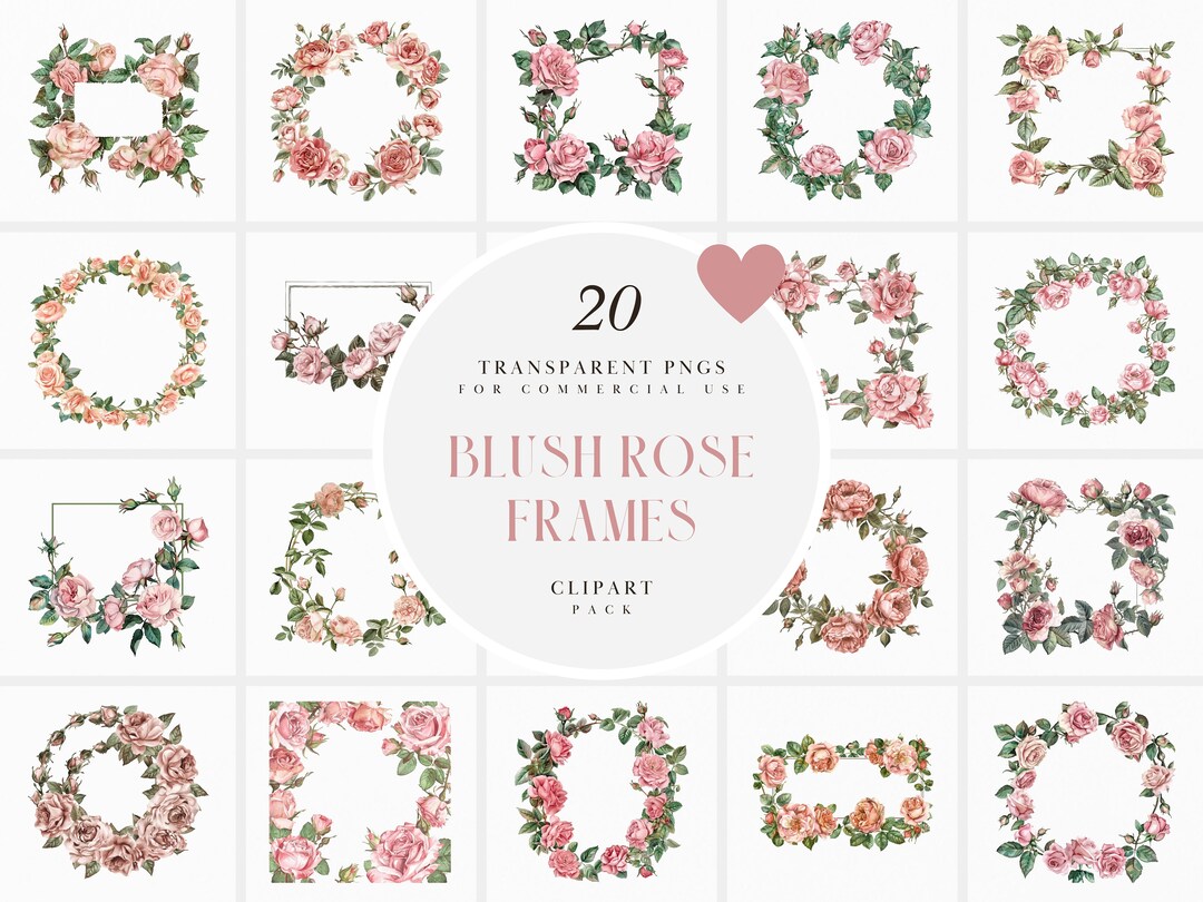 Watercolor Blush Pink Rose Round Frame Clipart, Pastel Pink Rose Square ...