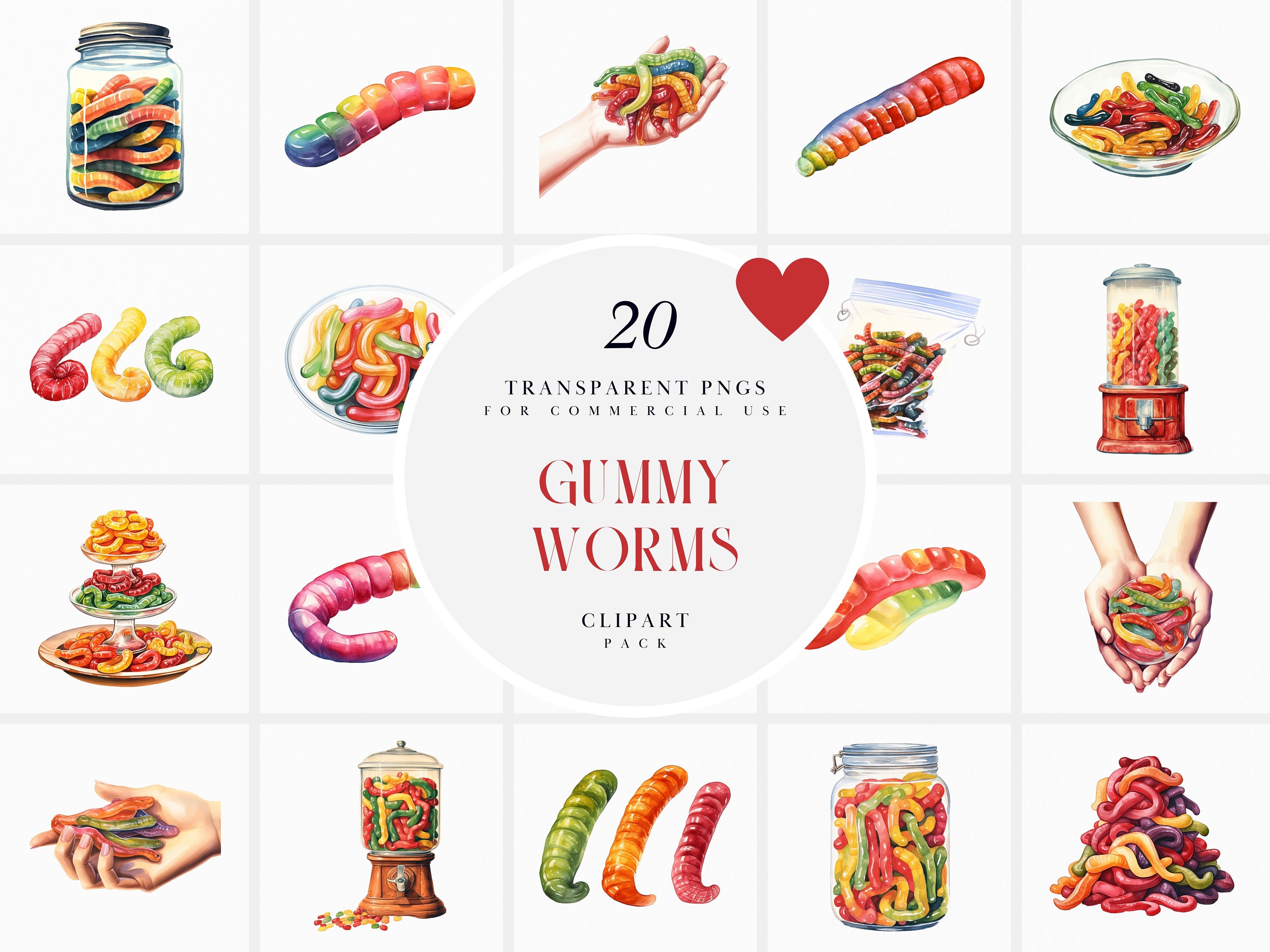 Watercolor Gummy Worms Clipart, Gummies Candy Clipart, Candy in Wrapper ...