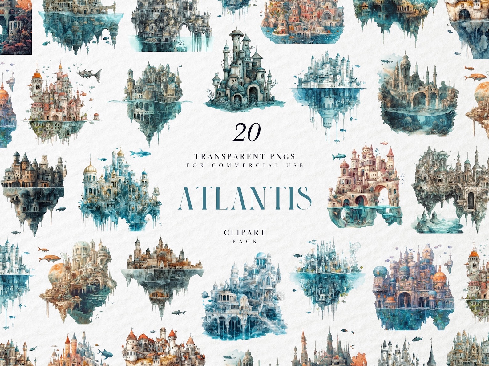 Watercolor Atlantis Clipart, Sunken Lost City, Greek Mythology With Sea ...