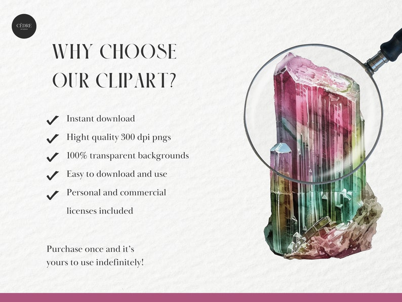 Watercolor Tourmaline Clipart, Crystal Tourmaline Stone Clipart, Purple ...