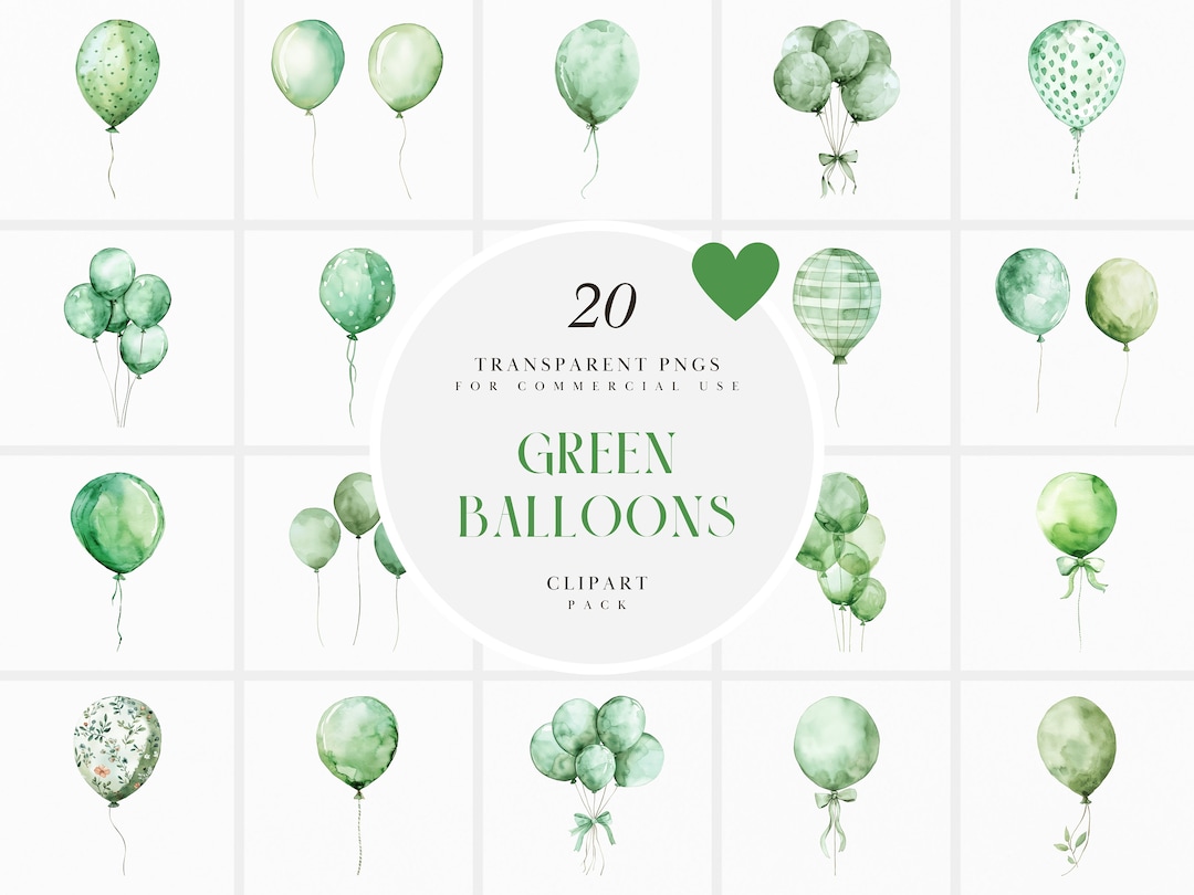 Watercolor Green Balloon Clipart, Silver Balloons Clipart, Birthday ...