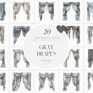 Watercolor Gray Drapes Clipart, Window Drape Clipart, Card Making ...