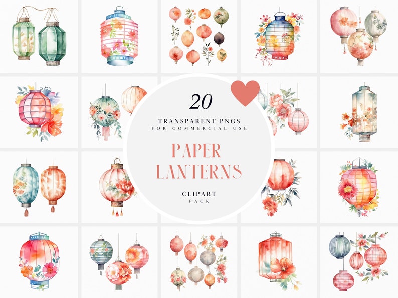 Watercolor Floral Paper Lantern Clipart, Paper Lanterns, Chinese ...