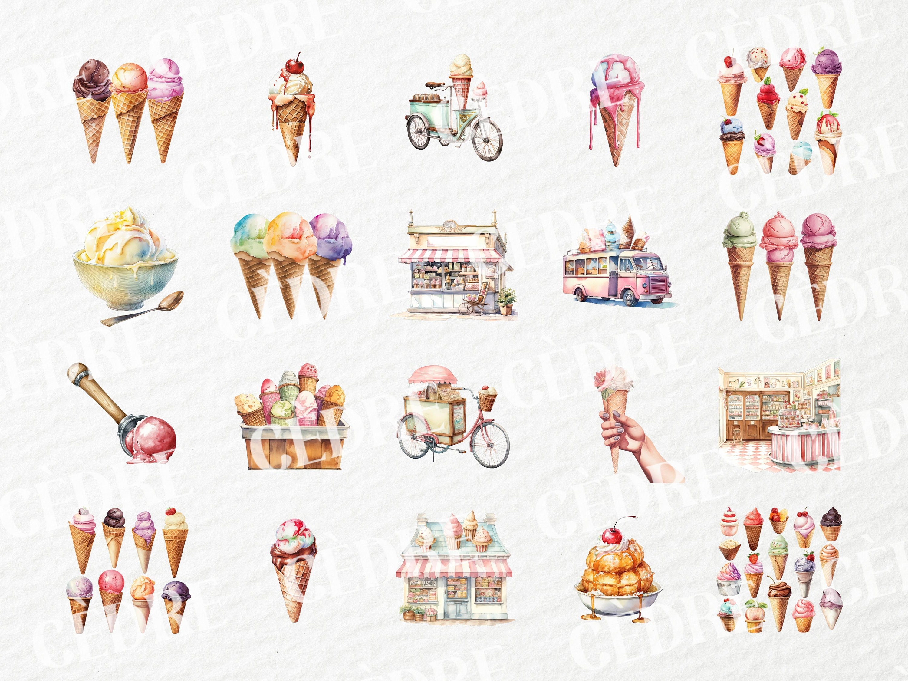 Watercolor Pastel Ice Cream Clipart, Colorful Ice Cream Truck Clipart ...