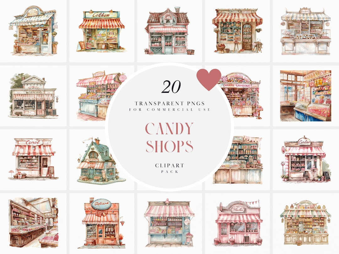 Watercolor Candy Shop Clipart, Candy Store Clipart, Sweets, Dessert ...