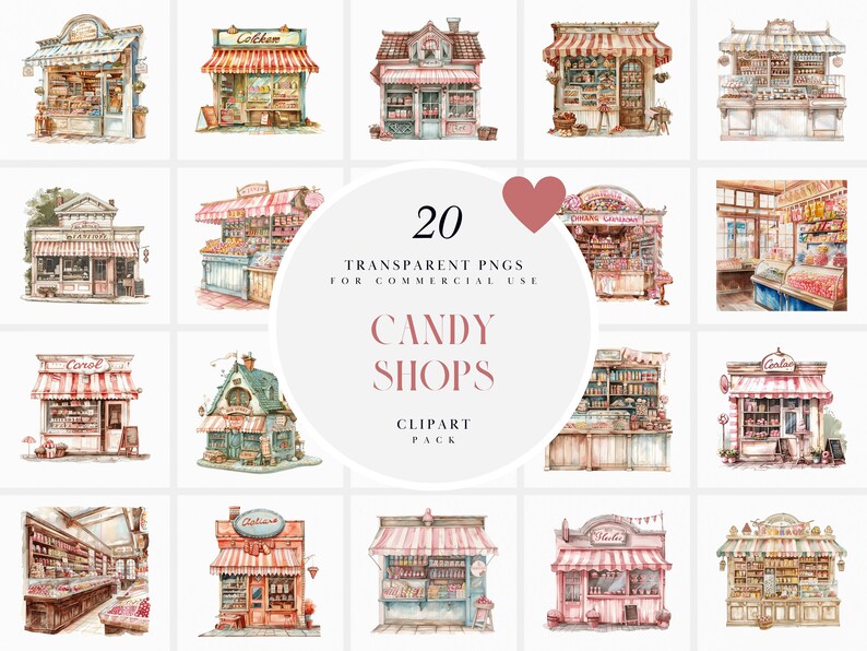 Watercolor Candy Shop Clipart, Candy Store Clipart, Sweets, Dessert ...