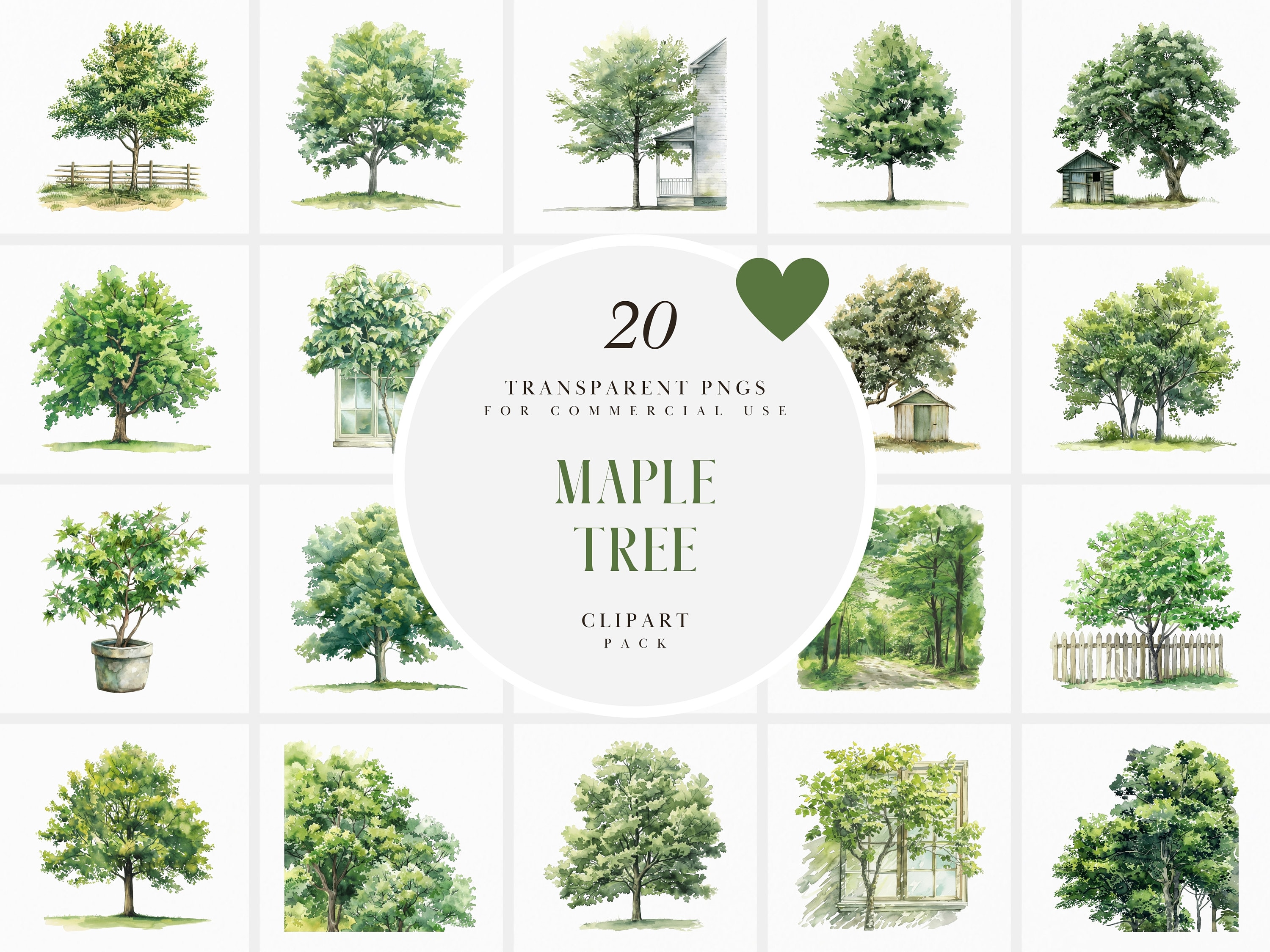Watercolor Maple Tree Clipart, Green Maple Trees Clipart, Forest ...