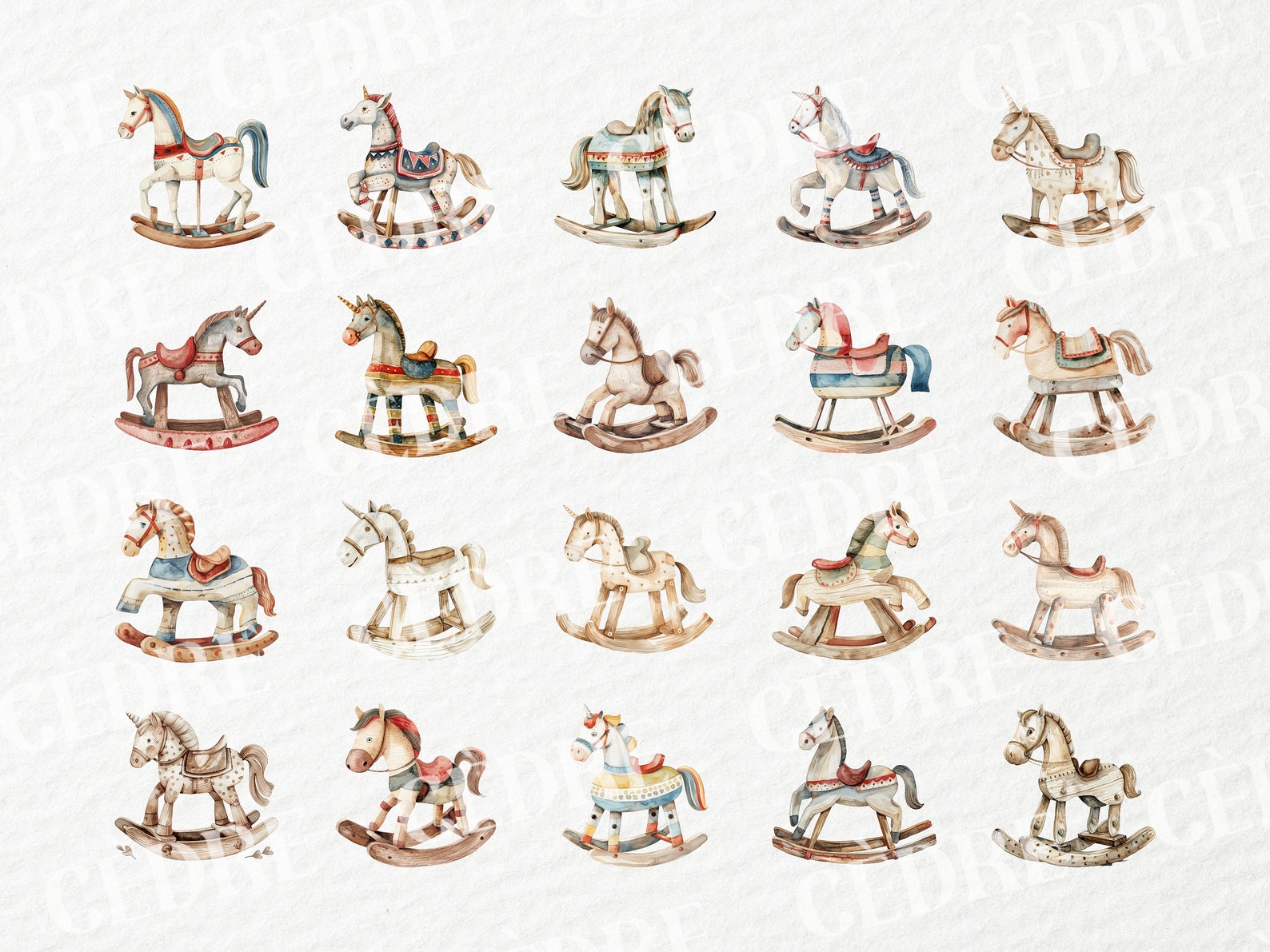 Watercolor Rocking Horse Clipart, Wooden Rocking Horses, Neutral ...
