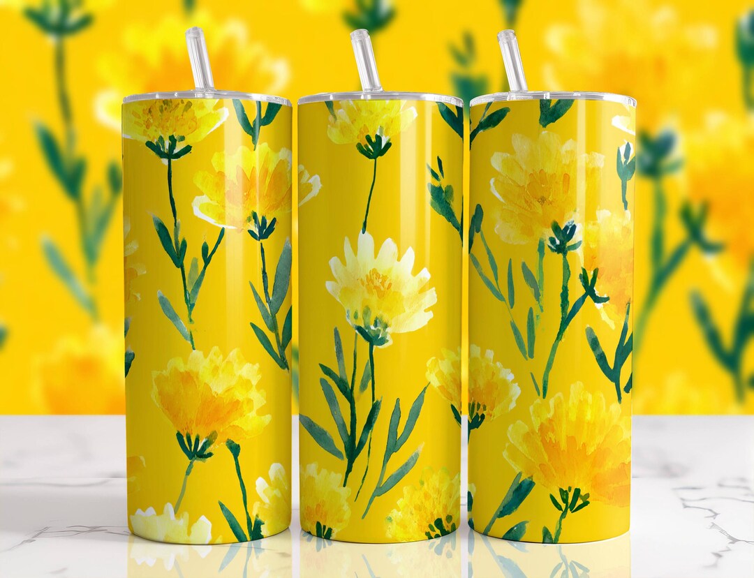 20 Oz Skinny Tumbler Wrap, Yellow Flowers, Spring Floral Art, Straight ...