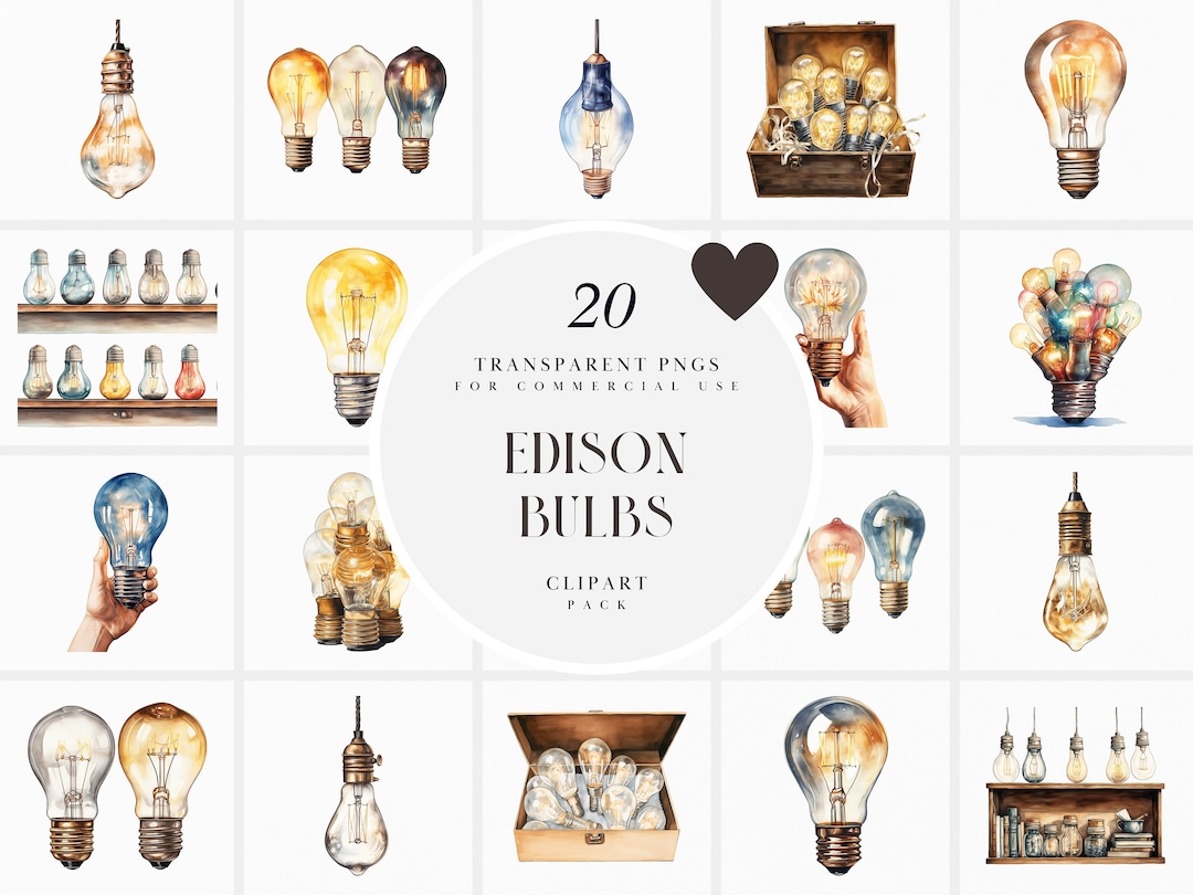 Watercolor Vintage Edison Bulb Clipart, Retro Edison Bulbs Clipart, Old ...