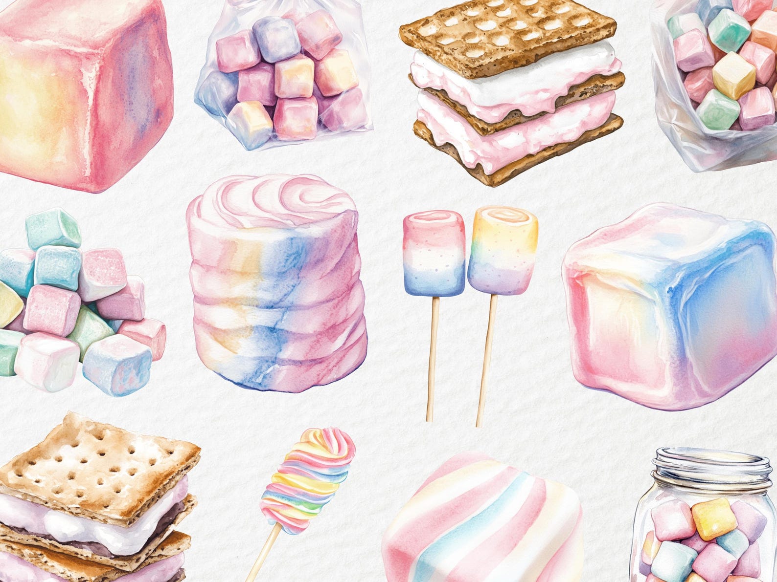 Watercolor Pastel Marshmallows Clipart, Soft Toasted Smores Dessert ...