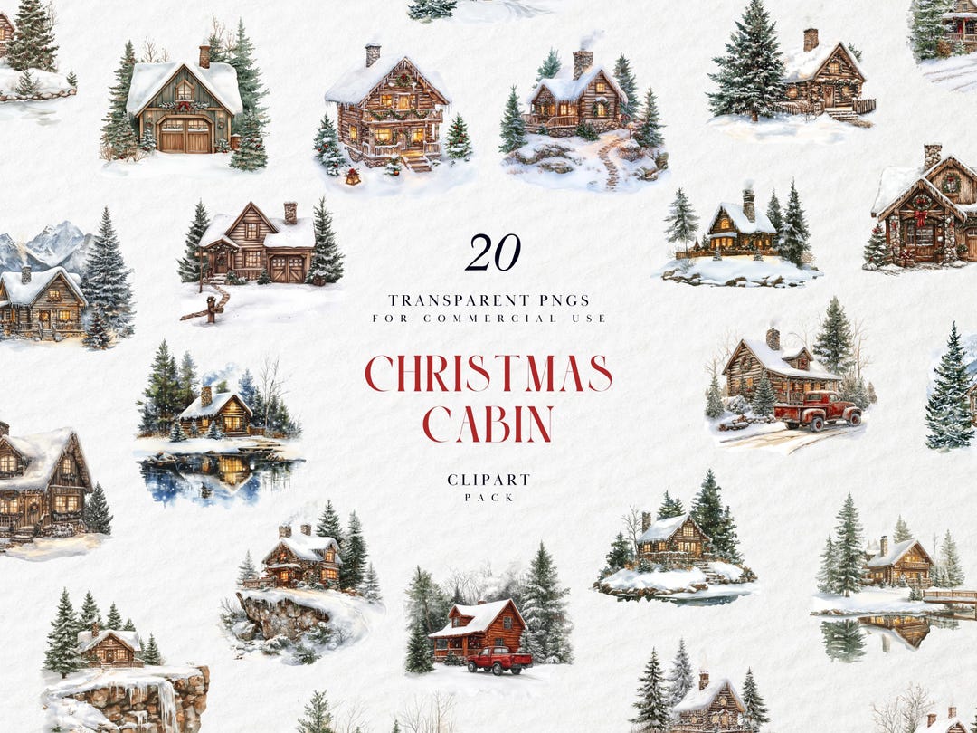 Watercolor Christmas Cabin Clipart, Cozy Log Cabins Clipart Xmas Wood ...