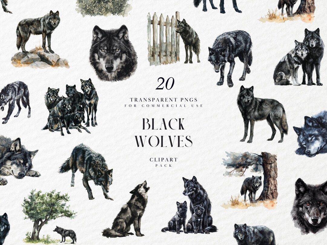 Watercolor Black Wolf Clipart, Black Wolves Clipart, Wolf Cub, Pack ...
