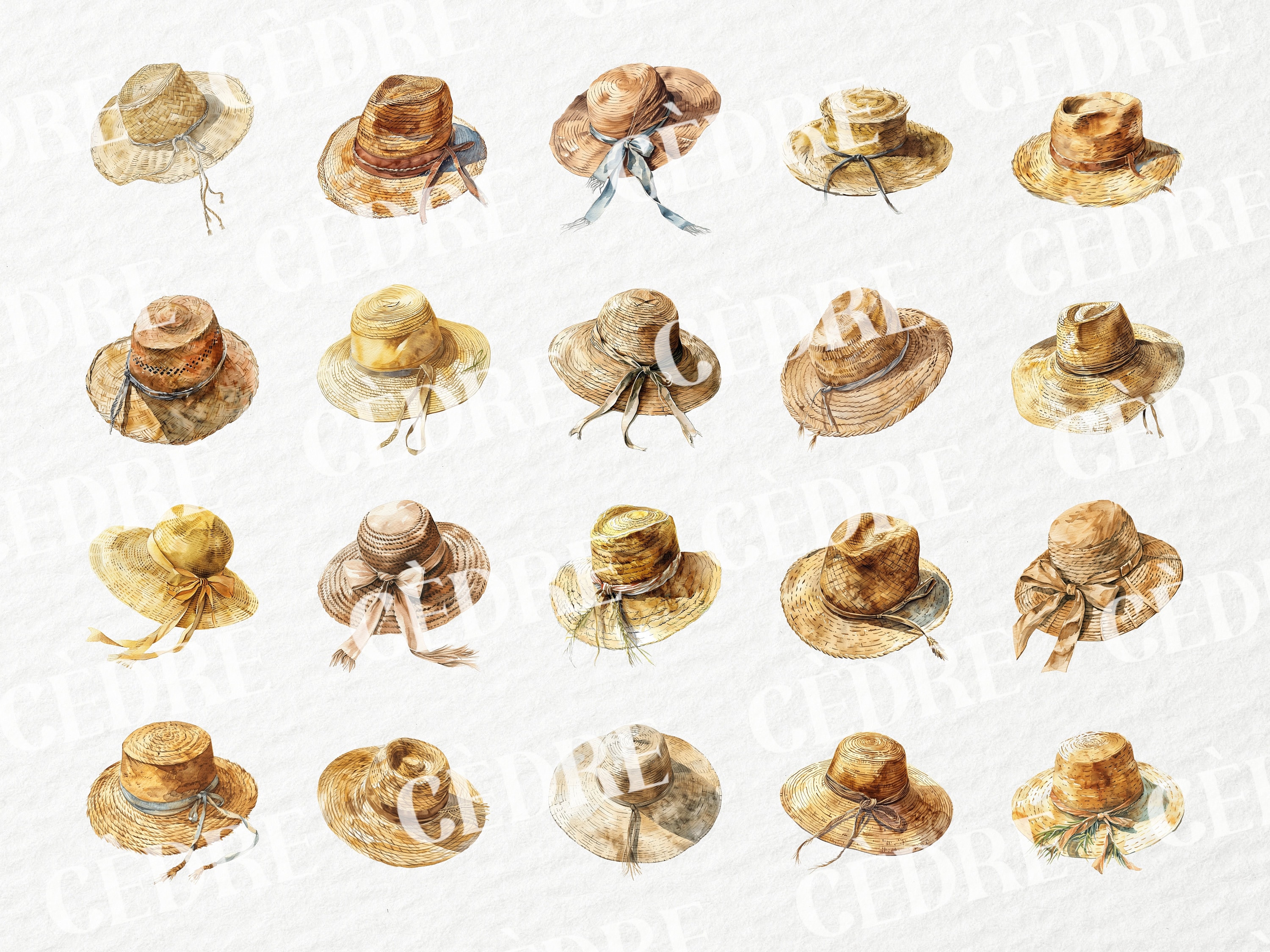 Watercolor Straw Hat Clipart, Wide Brim Woven Hat Clipart, Yellow ...