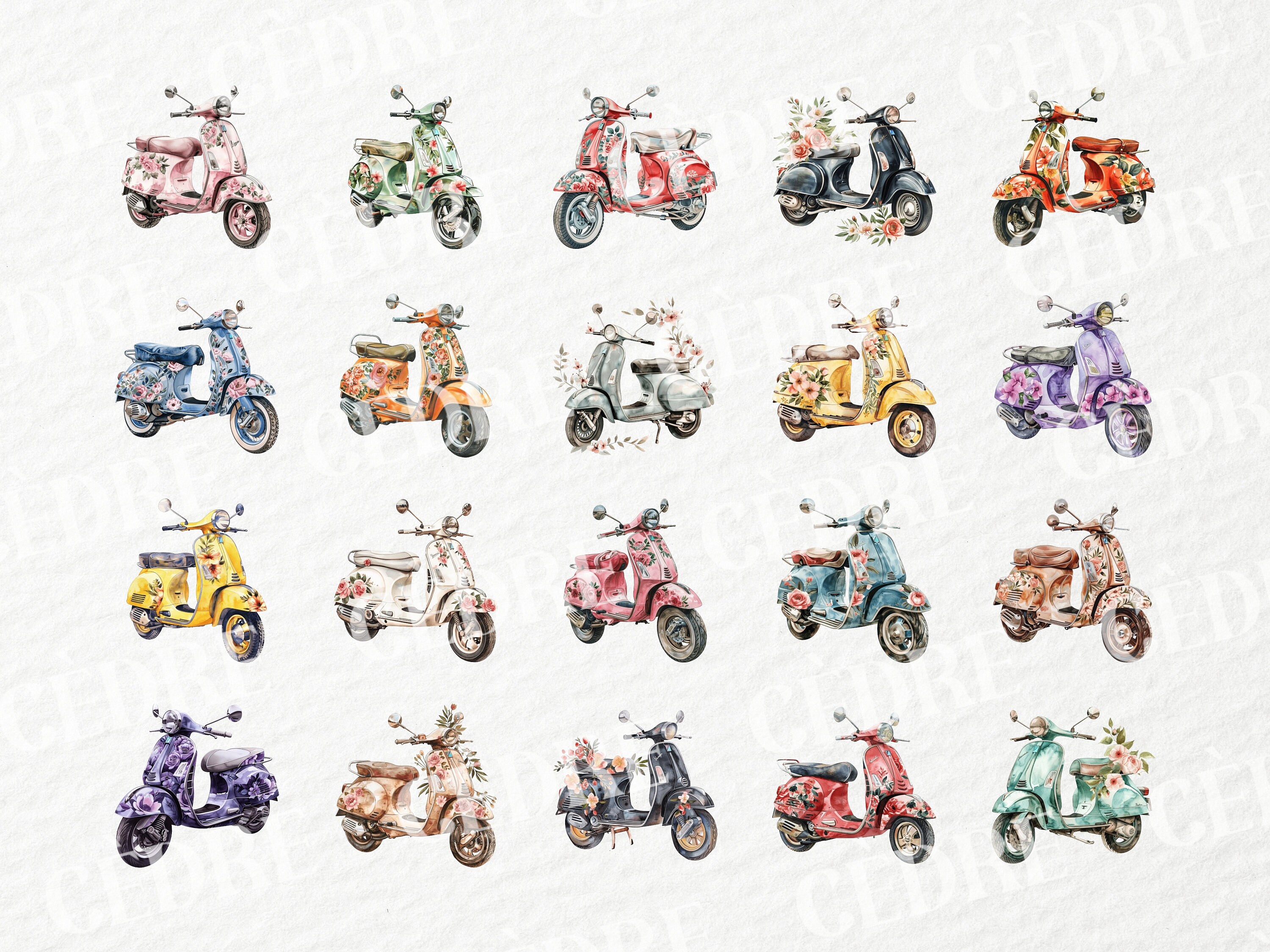 Watercolor Floral Vespas Clipart, Colorful Vespa, Italian Electric ...