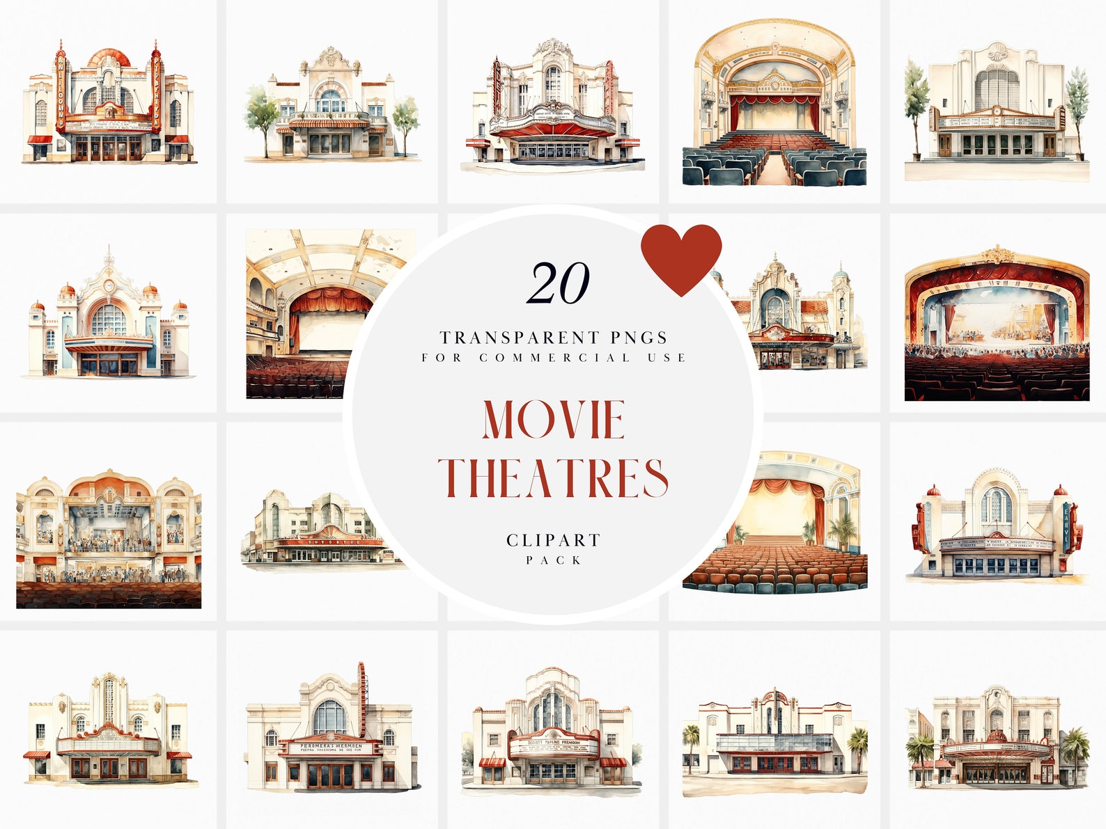Watercolor Movie Theater Clipart, Theatre Movie Cinema Clipart ...