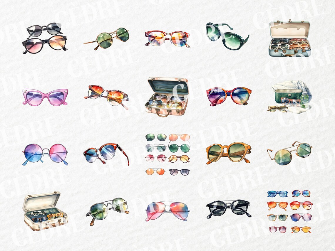 Watercolor Sunglasses Clipart, Shades Clipart, Vintage Sunglasses PNG ...
