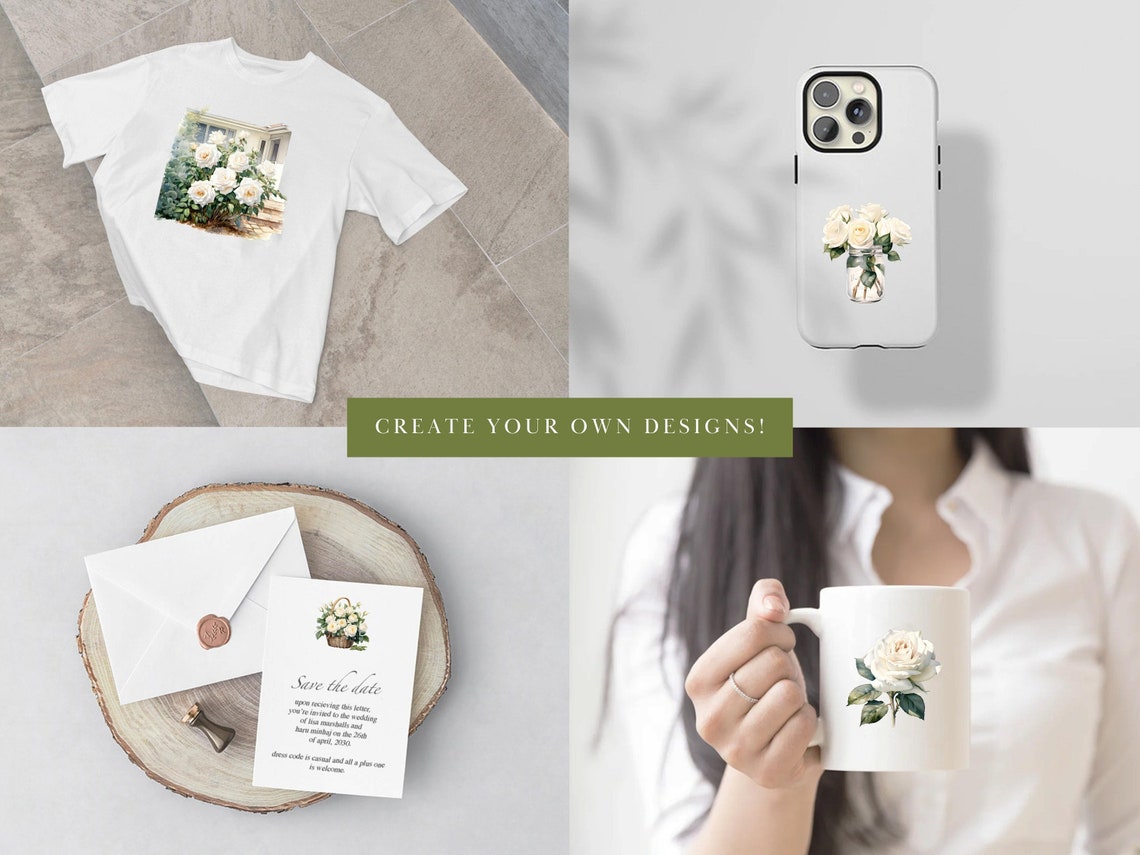 Watercolor White Rose Clipart, Bridal White Roses Clipart, Wedding ...