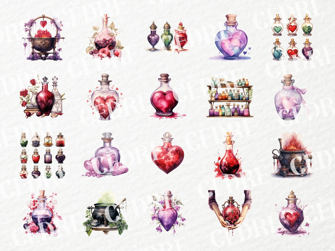 Watercolor Love Potion Clipart, Magical Love Potions Clipart ...