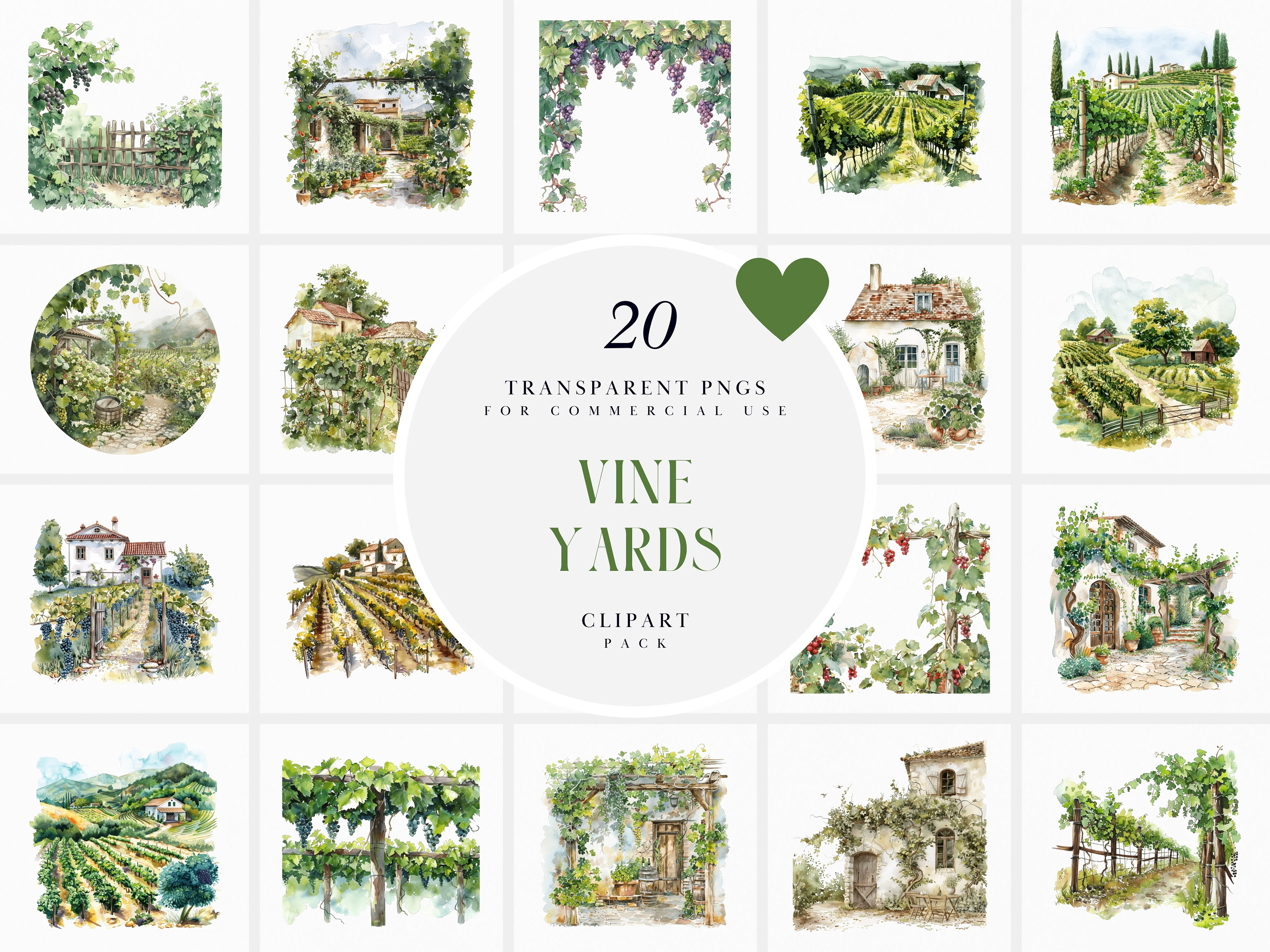 Watercolor Vineyard Clipart, Wine Fields and Landscapes Clipart, Vine ...