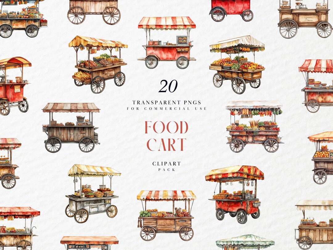 Watercolor Food Cart Clipart, Cart on Wheels, Wagon, Street Food, Cafe ...