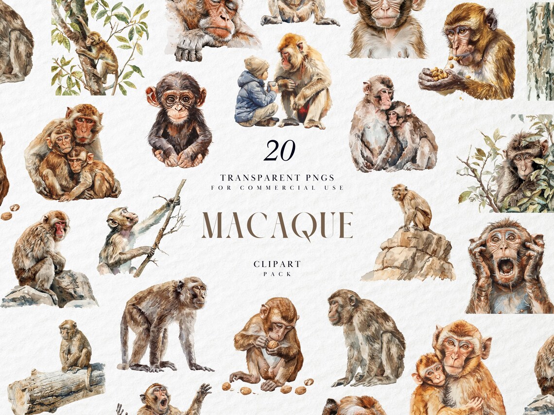 Watercolor Macaque Clipart, Realistic Zoo Animals Clipart, Primates ...