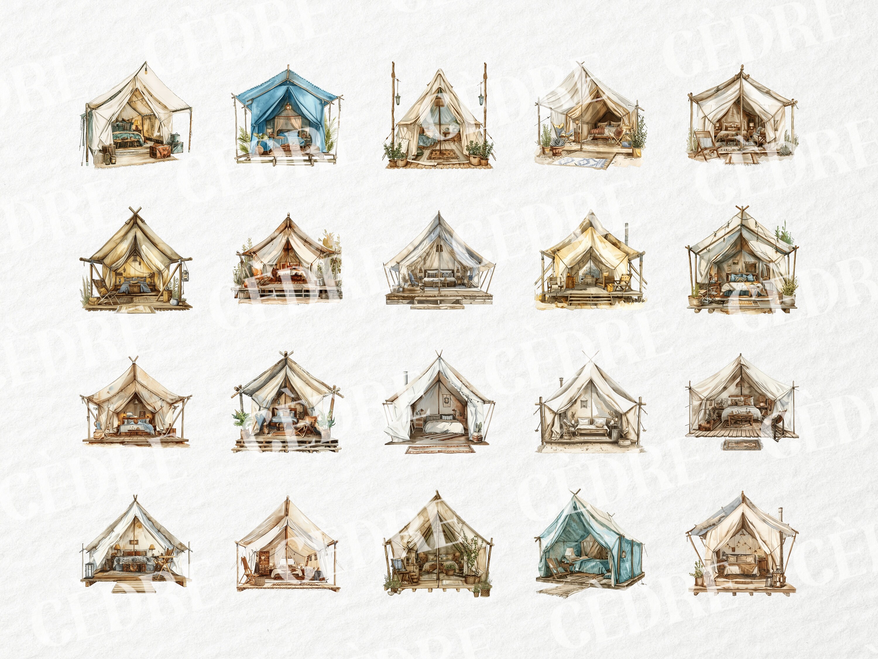 Watercolor Glamping Tent Clipart, Glamping Tents Clipart, Outdoors ...