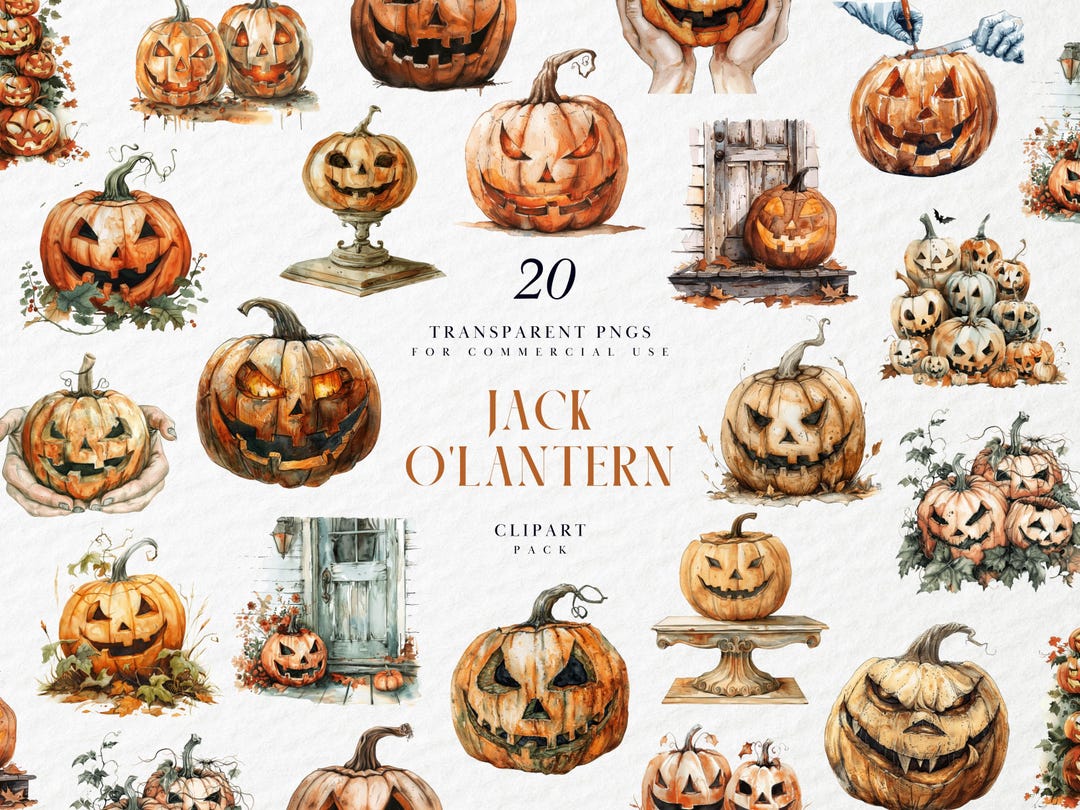 Watercolor Jack Olantern Clipart, Orange Carved Pumpkin Clipart, Spooky ...