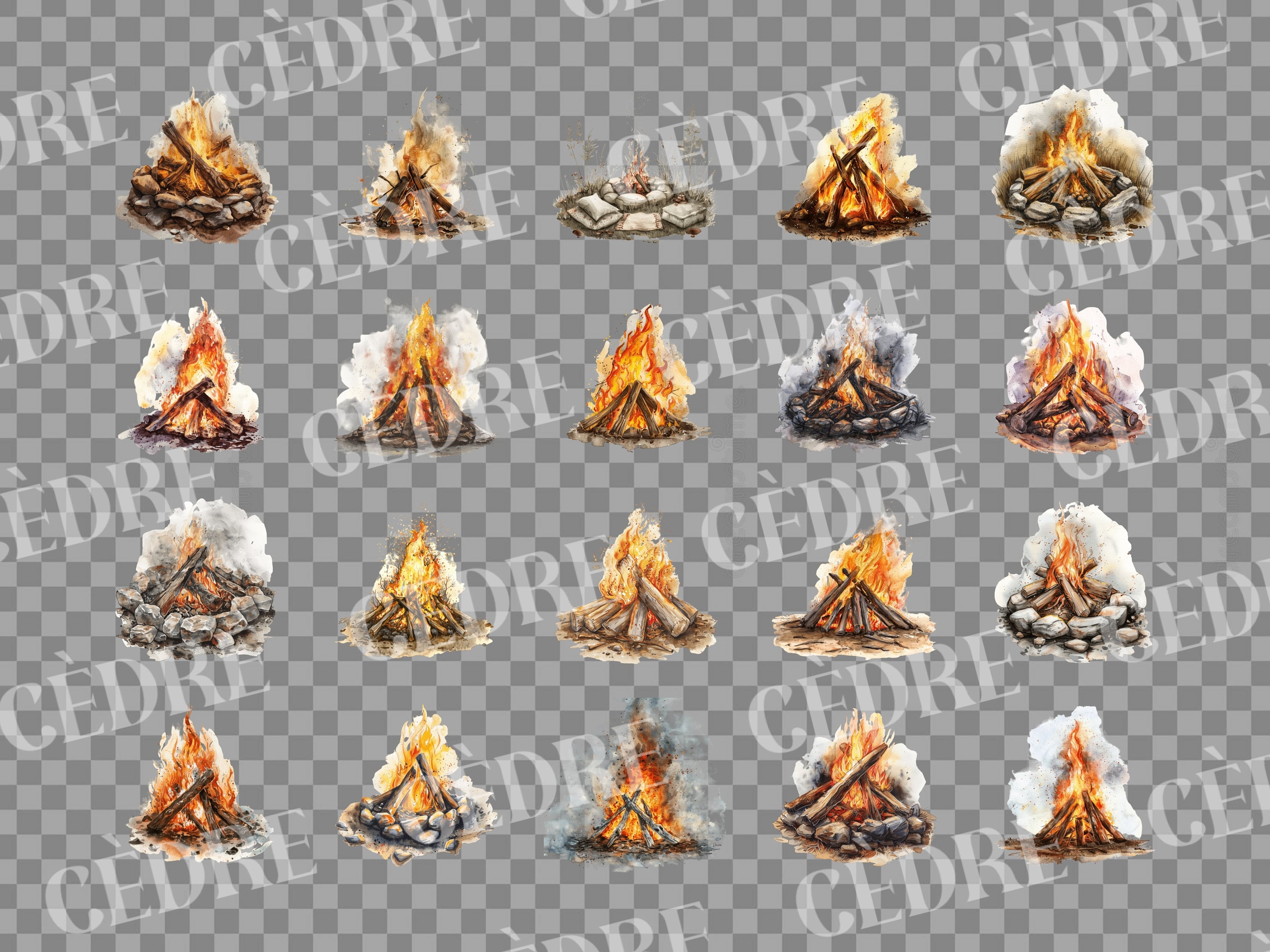 Watercolor Camp Fire Clipart, Bonfire Clipart, Flames, Camping, Mid ...