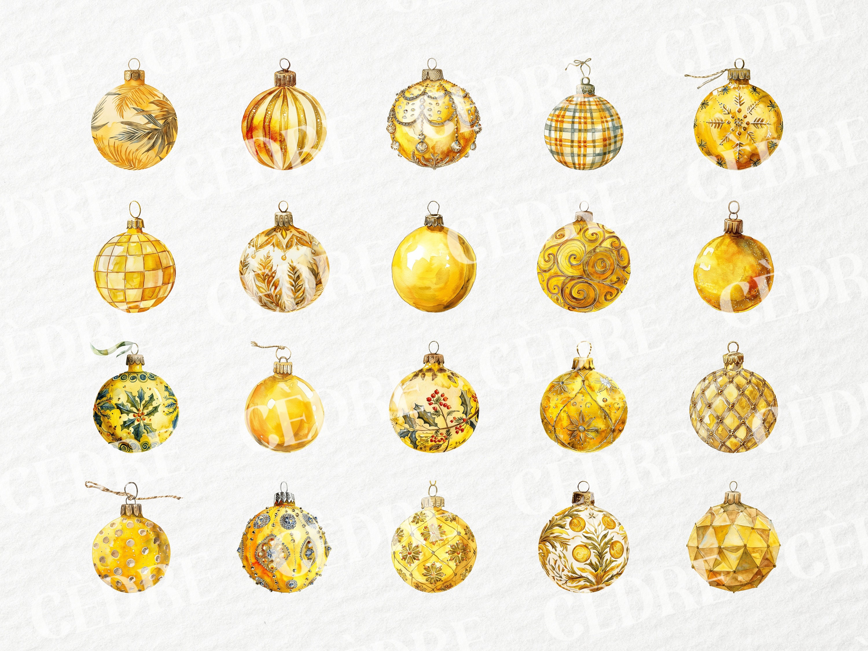 Watercolor Yellow Baubles, Christmas Globes, Christmas Tree Ornaments ...