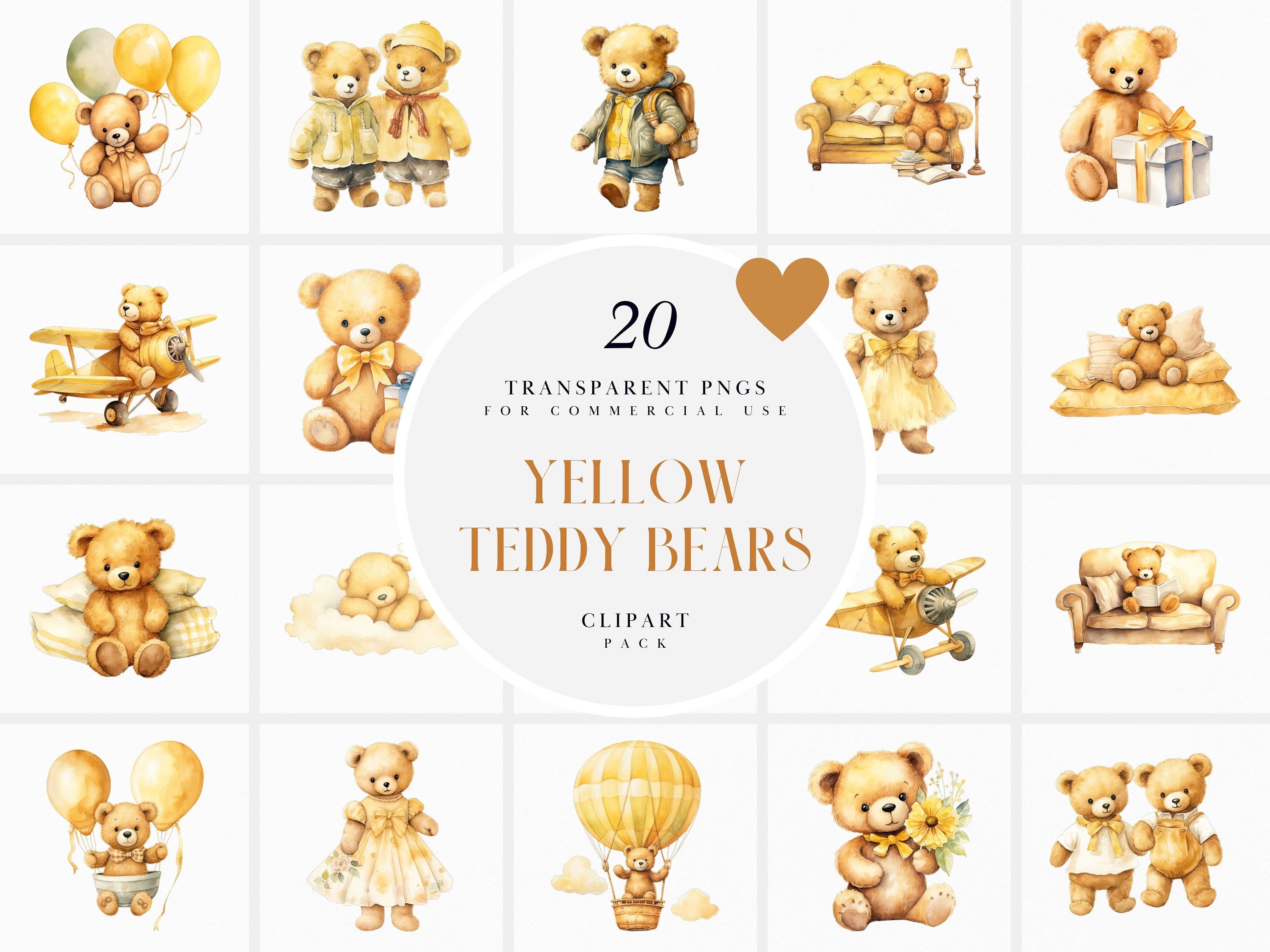 Watercolor Yellow Teddy Bears Clipart, Yellow Nursery Teddy Bear ...