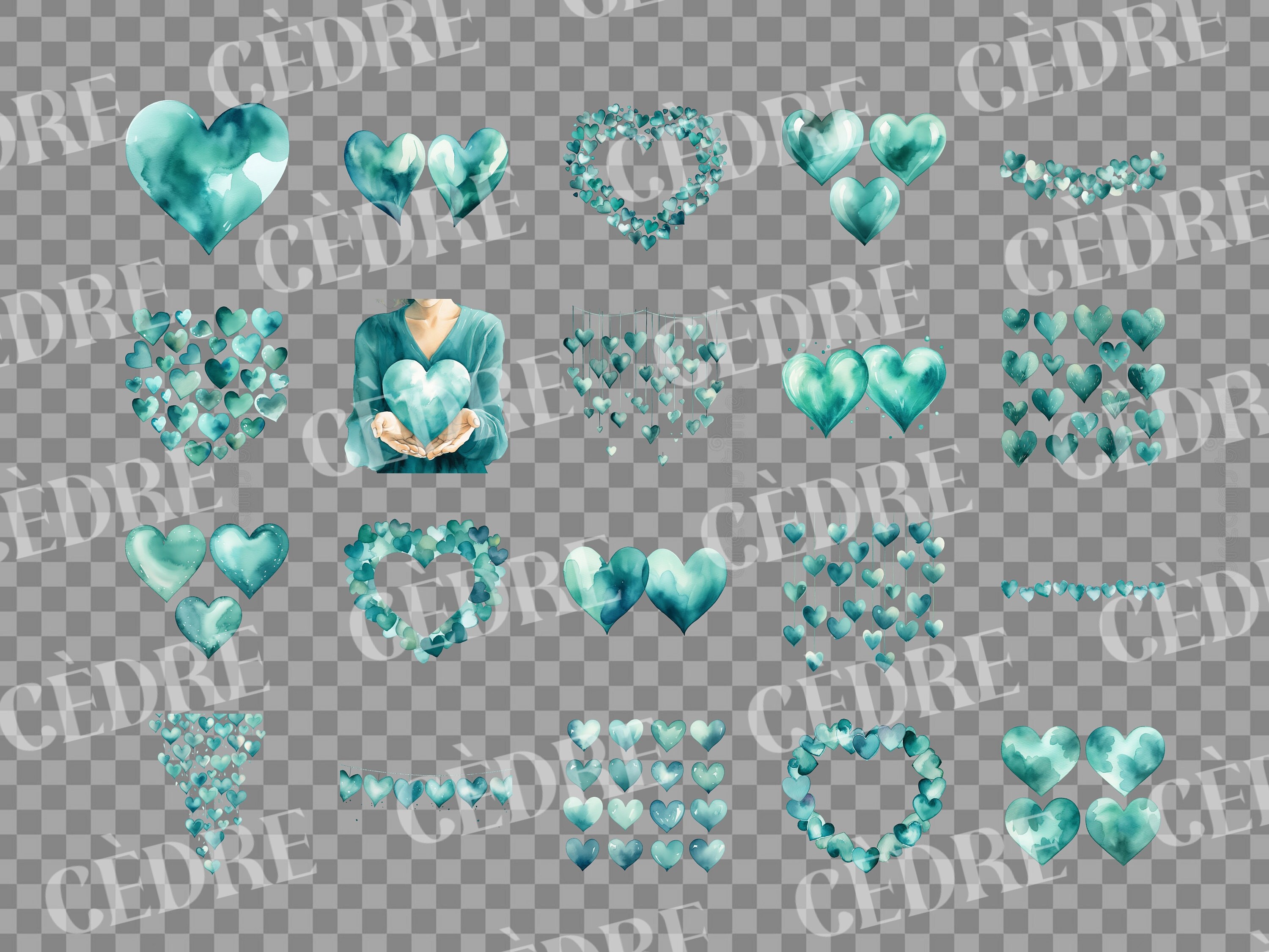 Watercolor Teal Hearts Clipart, Teal Heart Clipart, Heart Shape Clipart ...
