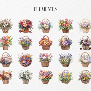 Watercolor Flower Basket Clipart, Floral Assorted Basket of Flowers ...
